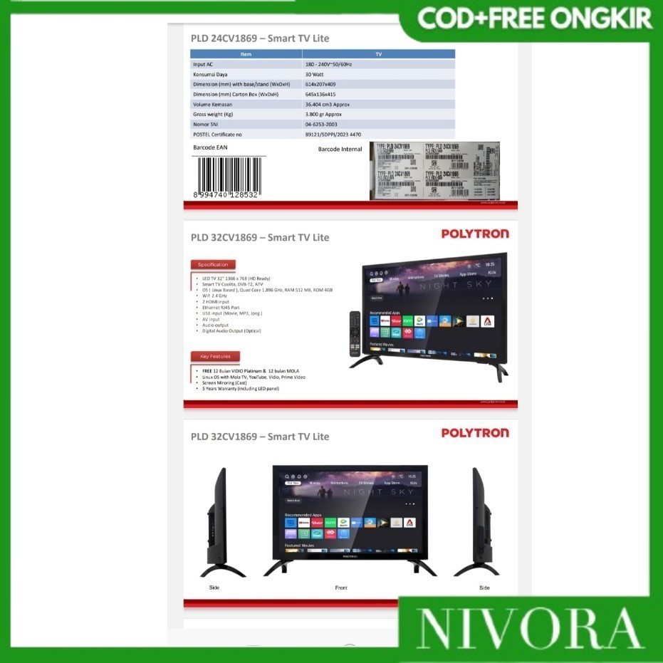 Jual POLYTRON SMART TV LED PLD 32CV1869 32 INCH DIGITAL GARANSI RESMI BR2 | Shopee Indonesia