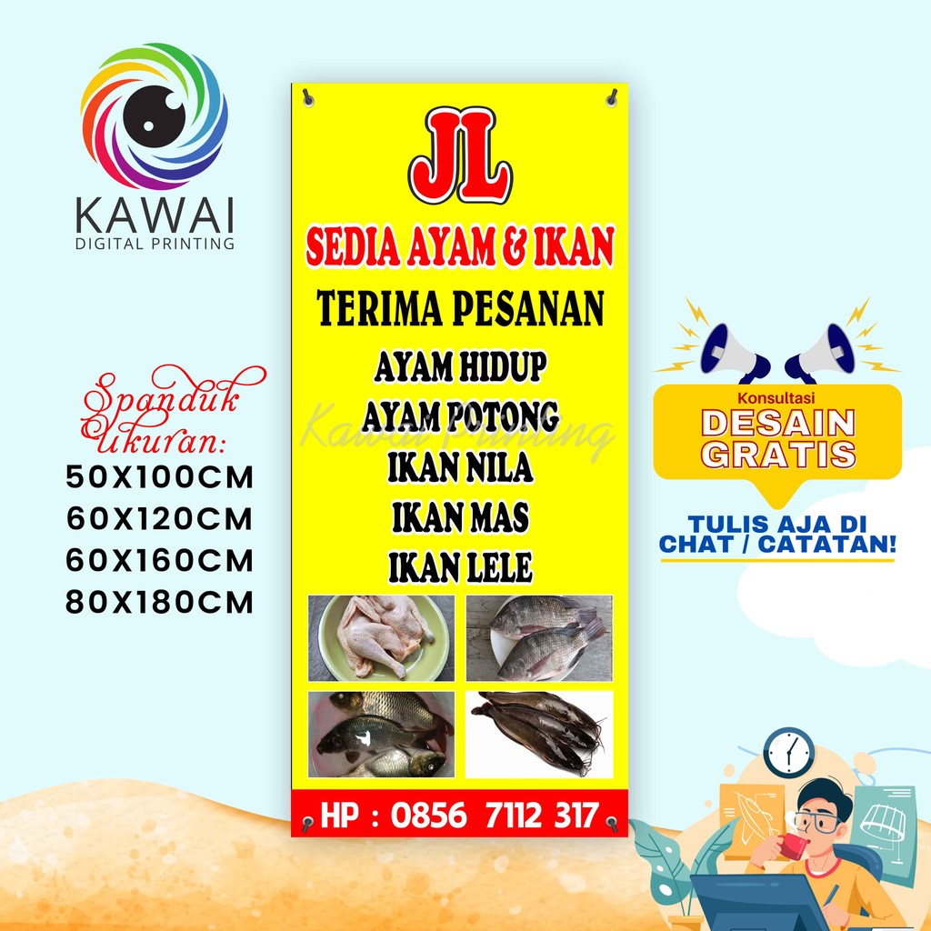 Jual Spanduk Banner MMT Sedia Ayam & Ikan Air Tawar Segar Ukuran 60x160 ...