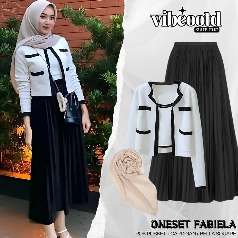 Jual Fabiela Outfit Set Wanita Hijab ( Rok Plisket Panjang + Atasan Cardigan + Bella Square ...