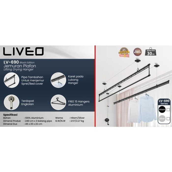 Jual Jemuran Alumunium Lifting Plafon Engkol 3 Batang Liveo Lv690 Hitam ...