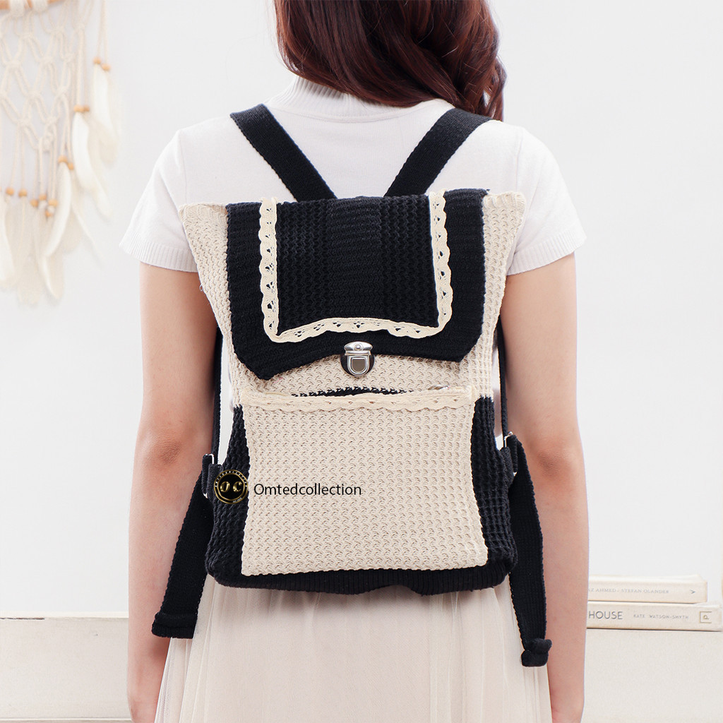 Jual Tas Ransel Wanita Aesthetic Korean style Renda Rajut tebal banyak ...