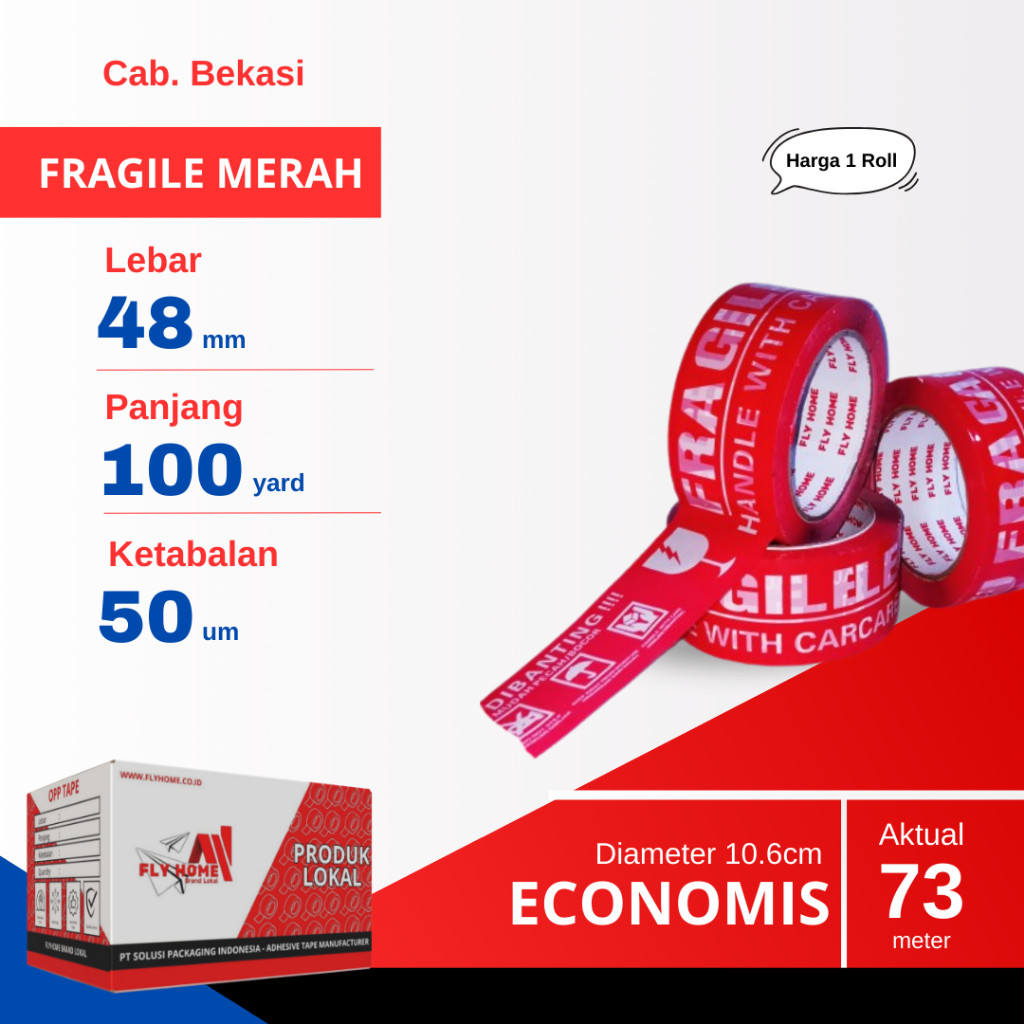 Jual FLYHOME 1Roll Lakban Fragile Merah 48x100Y 2inci Uk Besar ECO 100 ...