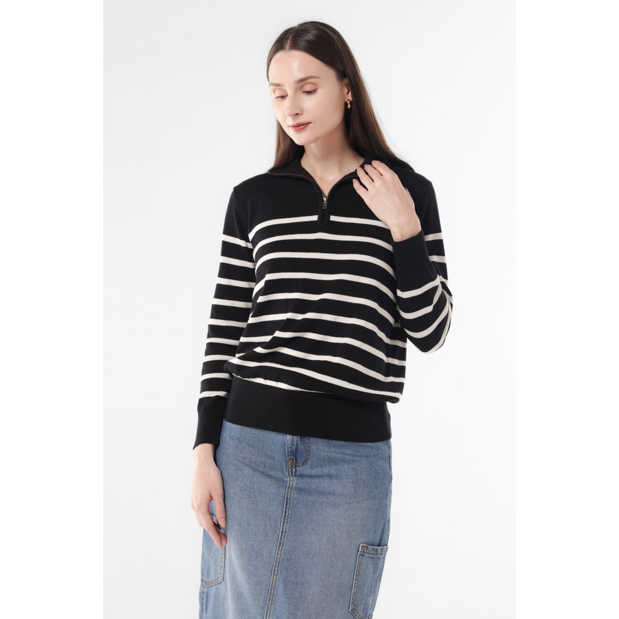 Jual MINIMAL - Reeny - Sweater Rajut Zipper Wanita Motif Garis - Black | Shopee Indonesia