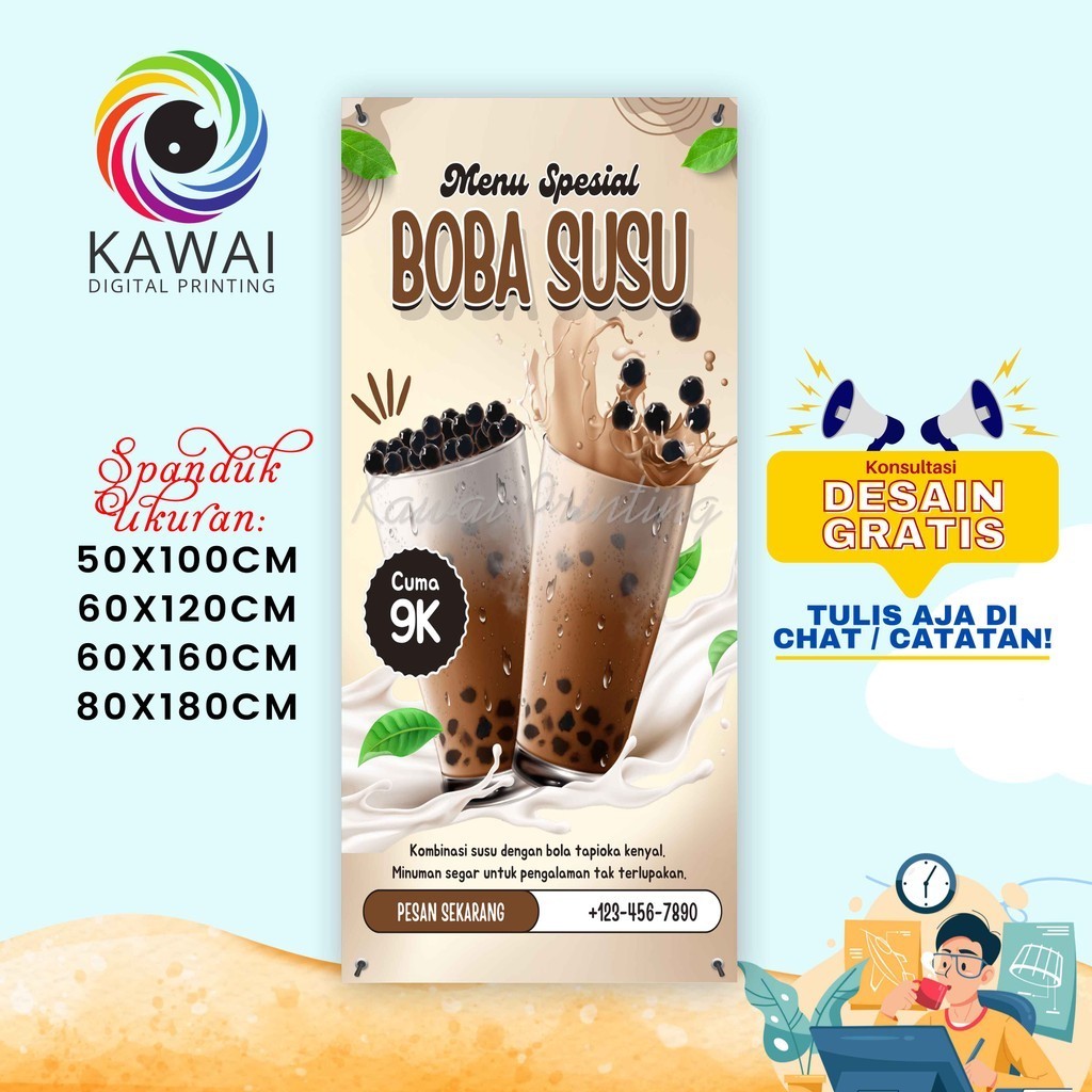 Jual Spanduk Banner MMT Jualan Minuman Es Boba Susu Ukuran 60x160 ...