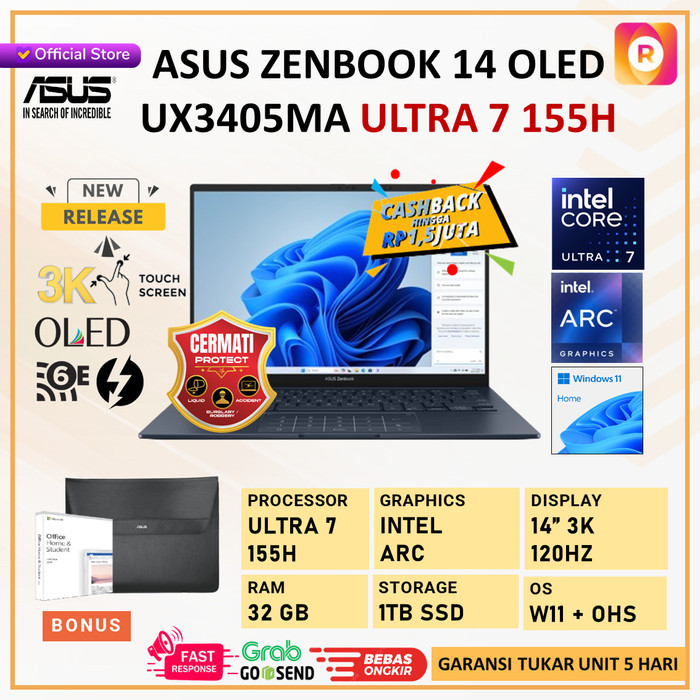 Jual Asus Zenbook 14 Oled Touch UX3405MA Ultra 7 155H 32G 1T W11 OHS 14 ...
