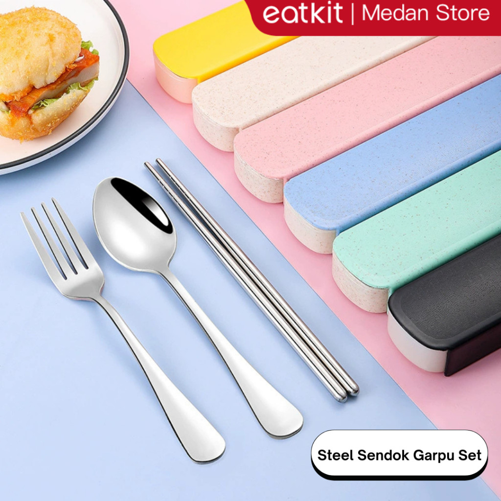Jual [Medan Ready Stock] Eatkit -Sendok Garpu Sumpit Set Stainless Steel 304 Cutlery Dengan Box ...