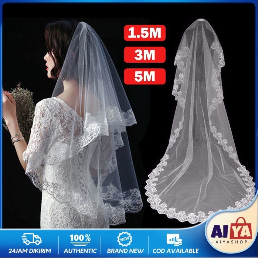 Jual 1.5/3/5M Putih Wedding Bridal Veil Renda Lace 1 Layer Kerudung ...