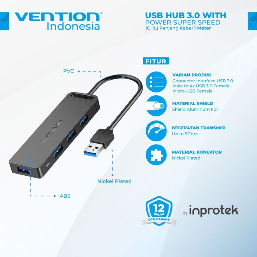 Jual Vention 4 Port USB 3.0 Hub With Power Supply 1M (CHLHF) | Shopee ...