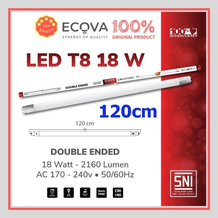 Jual LG09 Lampu TL T8 LED 18 Watt Putih - Panjang 120cm ECOVA GARANSI 3 TH | Shopee Indonesia