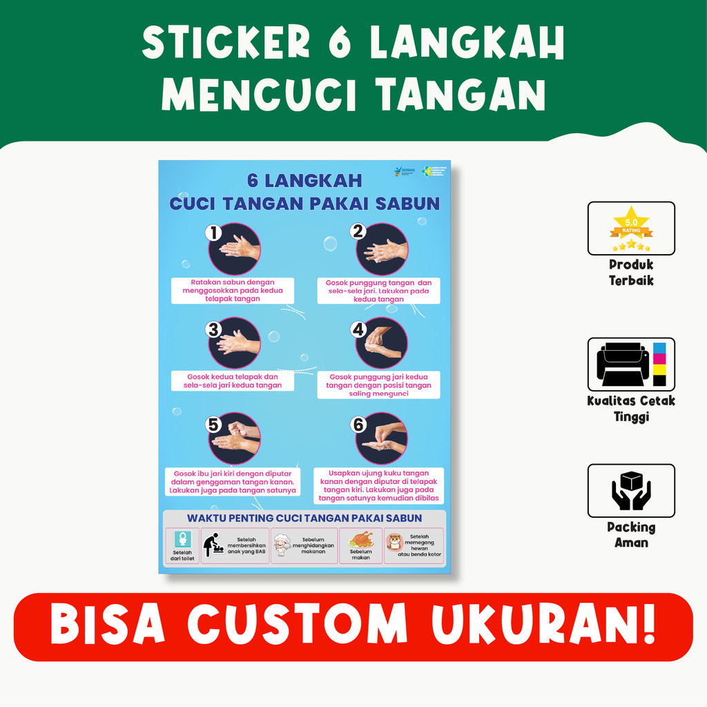 Jual Sticker 6 Langkah Mencuci Tangan – Panduan Cuci Tangan Pakai Sabun ...