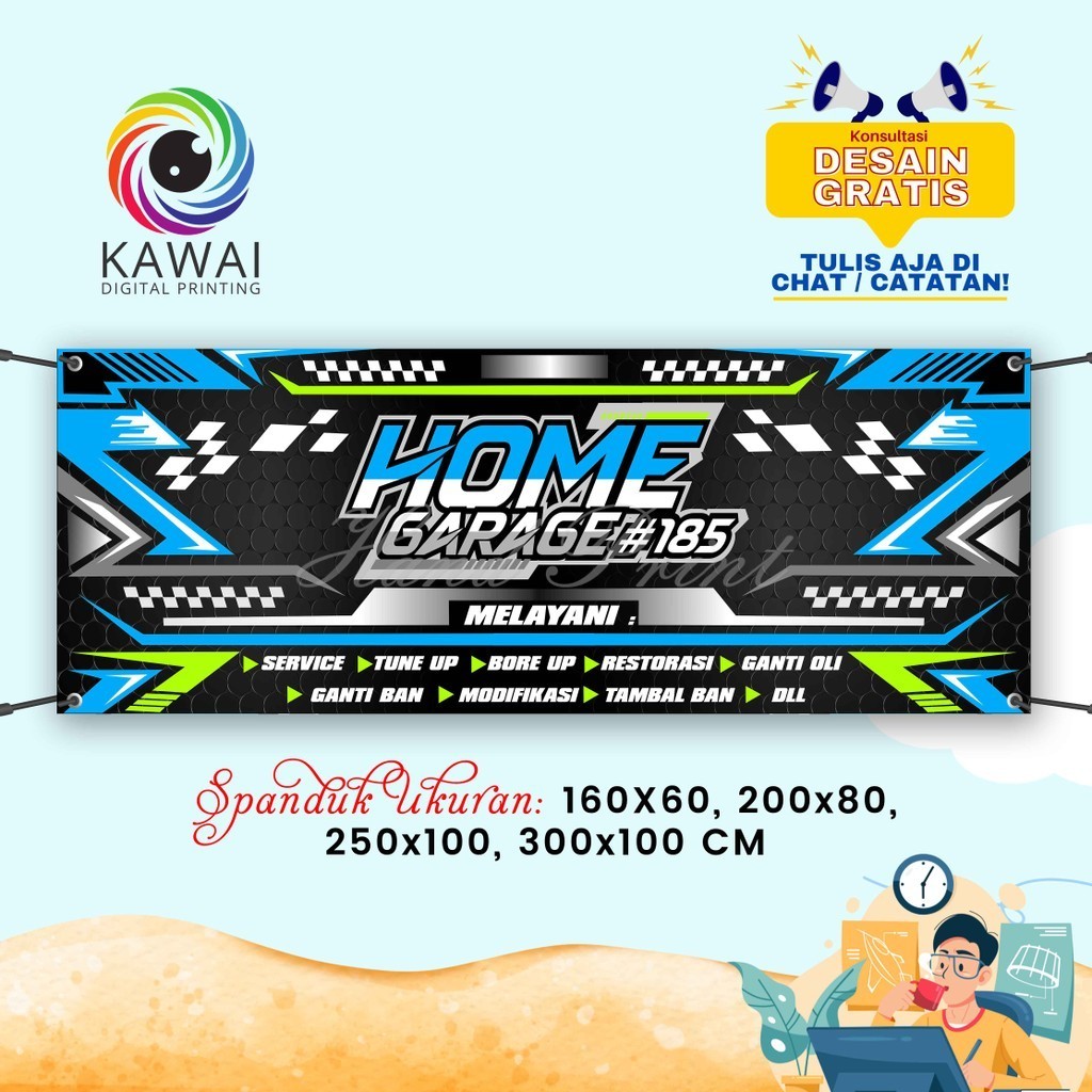 Jual Spanduk Banner MMT Bengkel Home Garage Biru Bisa Rekuest 300x100CM ...