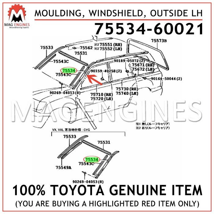 Jual LIST KACA DEPAN KIRI 75534-60021 ORI LandCruiser VX100 LEXUS LX470 ...