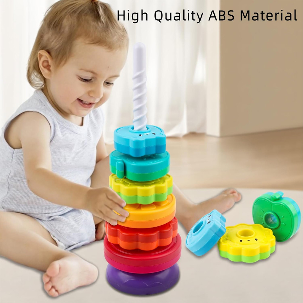 Jual Baby Stacking Toy, Rainbow Rolling Spin Building Blocks Tower Fine ...