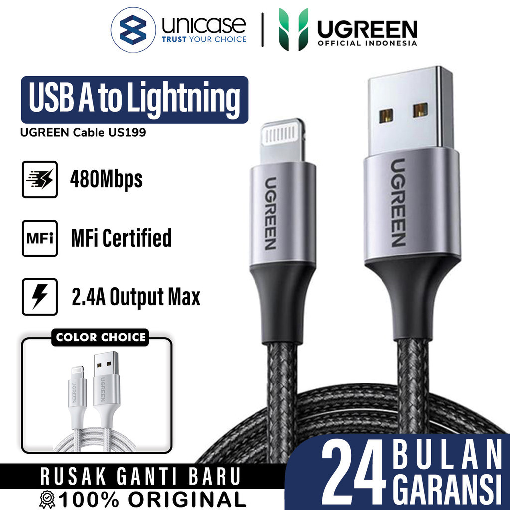 Jual Cable Data USB A to iPhone Lightning MFI UGREEN Kabel Fast Charge 2.4A | Shopee Indonesia