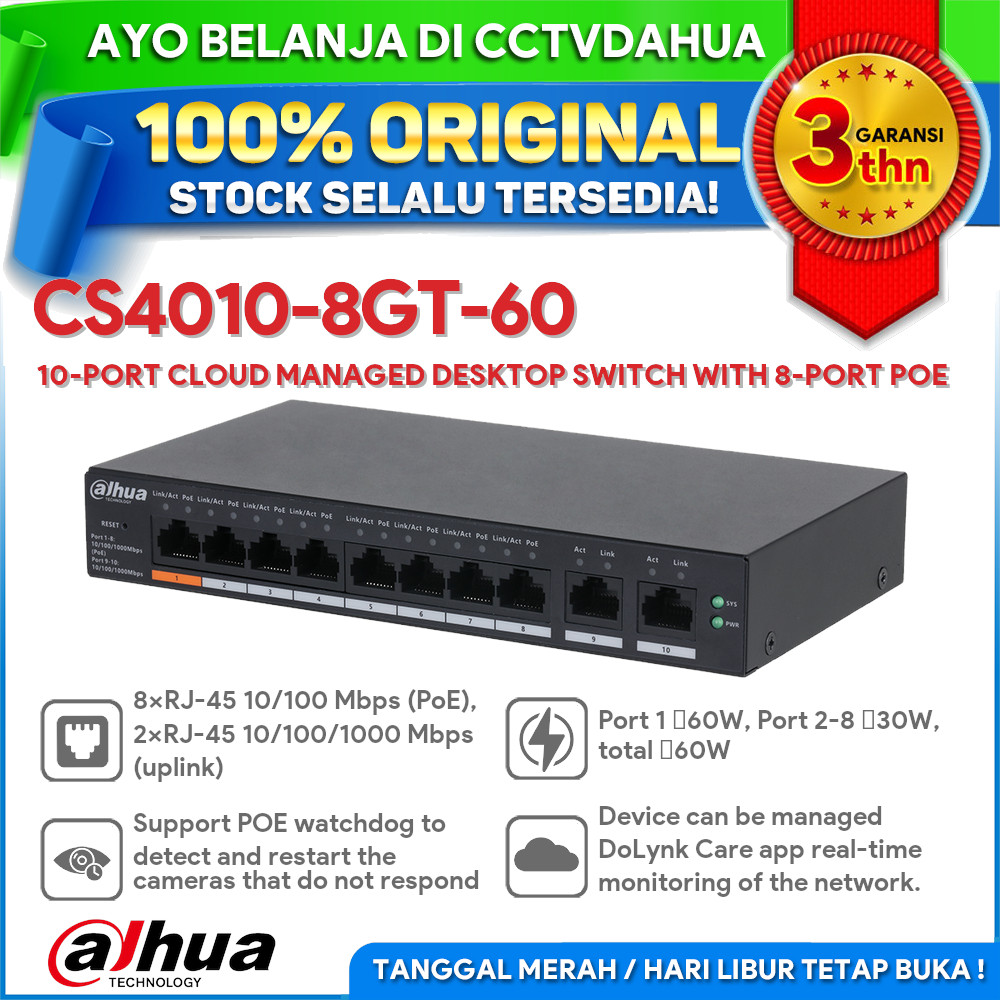 Jual DAHUA CS4010-8GT-60 10-PORT CLOUD MANAGED DESKTOP SWITCH WITH 8 ...