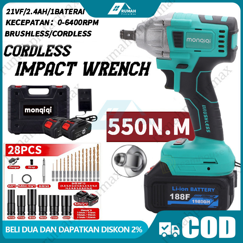 Jual Impact Wrench Mesin Bor Cordless 580N.M 188VF Pembuka Baut Baterai Electric Impact Wrench ...