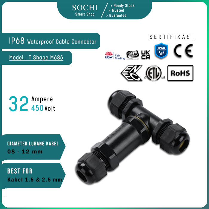 Jual T Shape Konektor kabel 2.5 mm IP68 Waterproof Sambungan Kabel ...