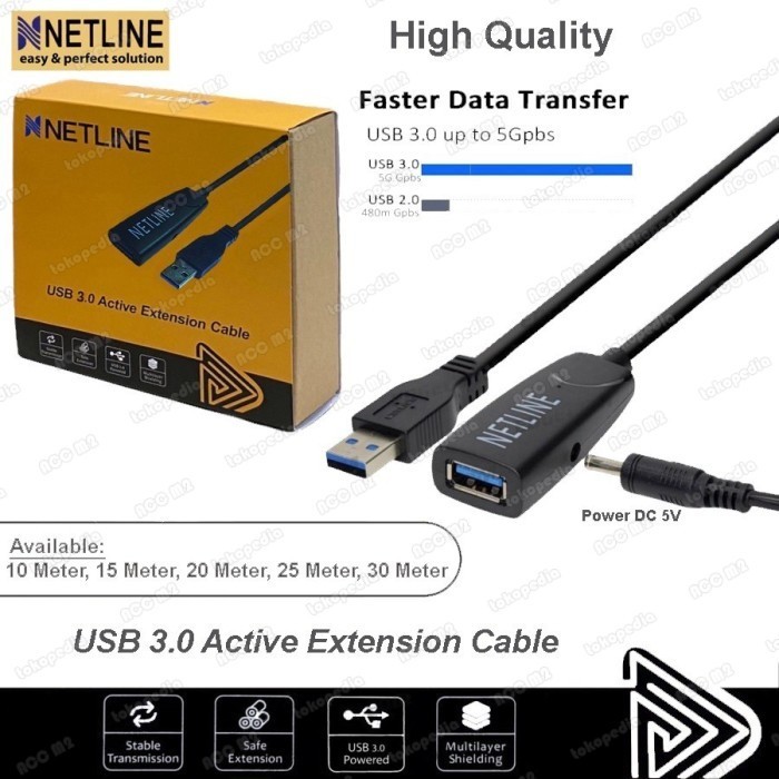 Jual Kabel USB Extension Aktif Active USB 3.0 + Power NETLINE 5 Meter 10 meter / 15 meter / 20 ...