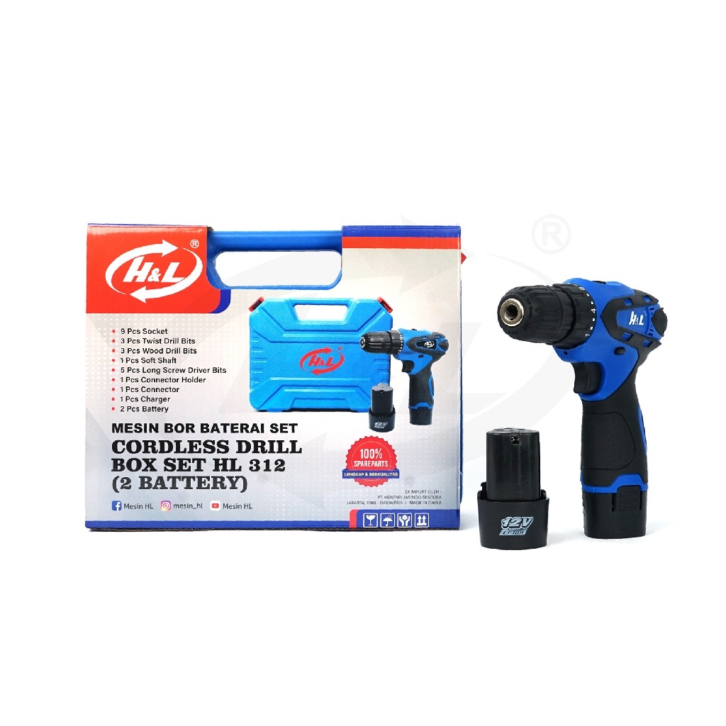 Jual Mesin Bor Baterai Cordless Drill Box Set HL 312 H&L / Cordless HL ...