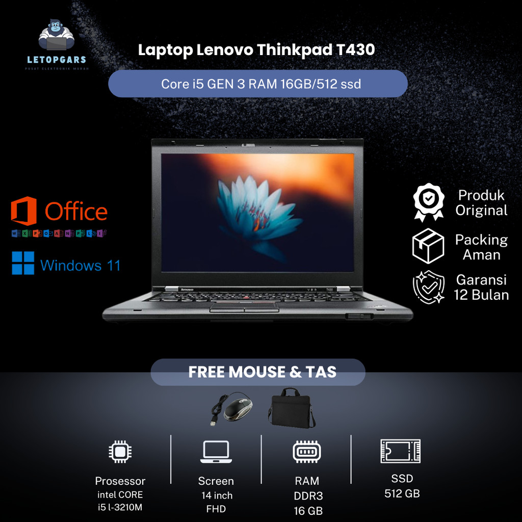 Jual Laptop Lenovo Thinkpad T430 i5 GEN 3 RAM 16GB/512 ssd FULLSET - 8GB/256 SSD | Shopee Indonesia