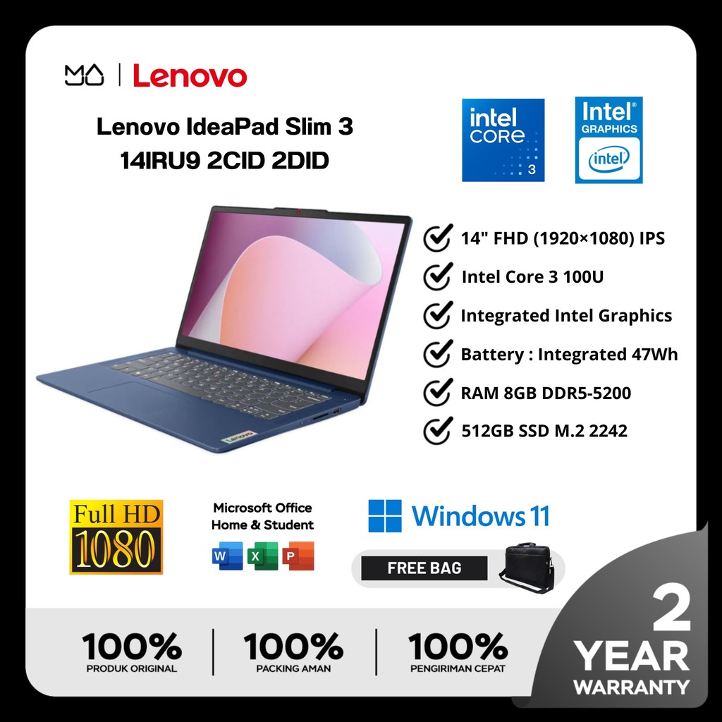 Jual Laptop Lenovo Ideapad Slim 3 2CID 2DID Core 3 100U 8GB/512GB SSD ...