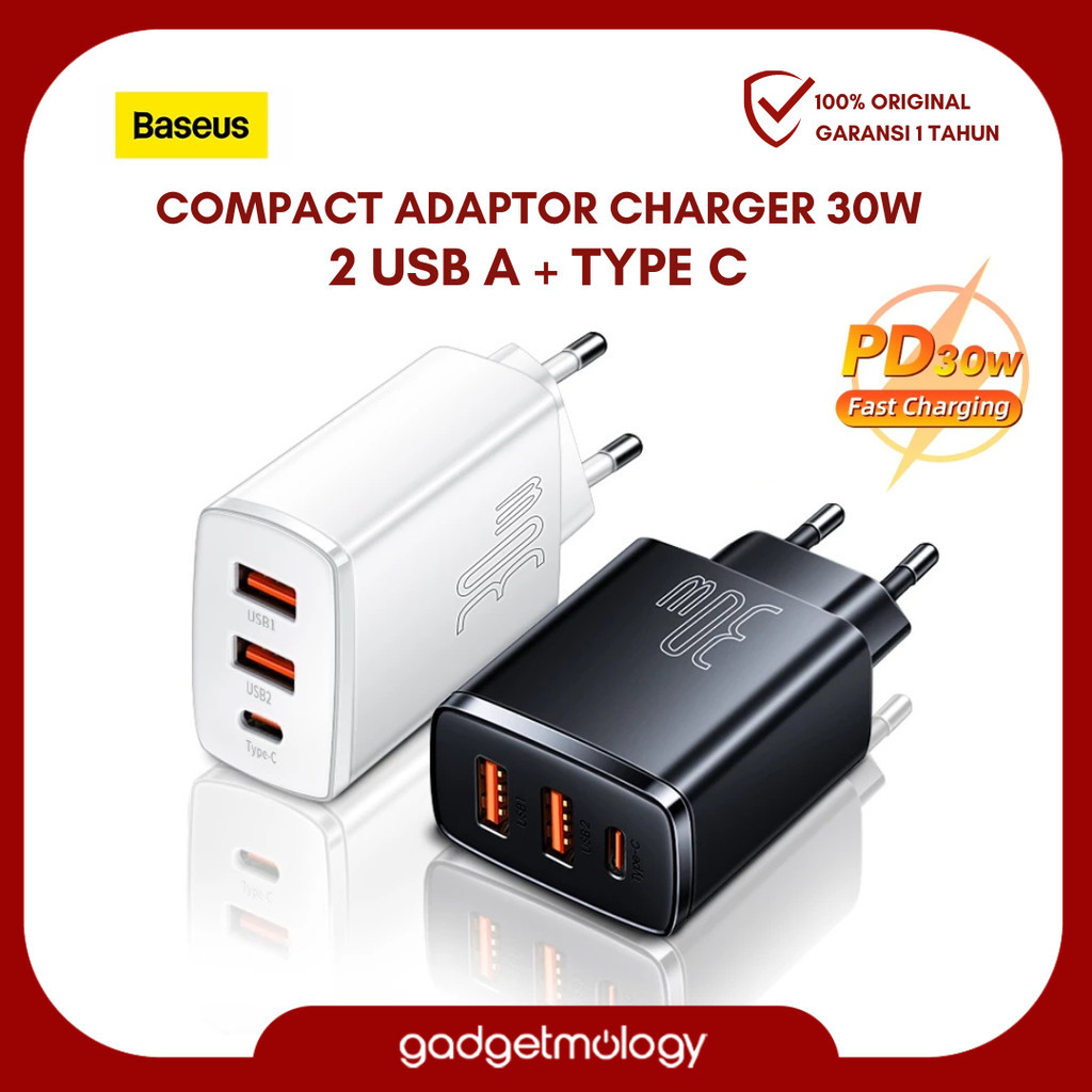 Jual Baseus Adaptor Compact 2 USB-A + Type C 30W Fast Charging Quick ...