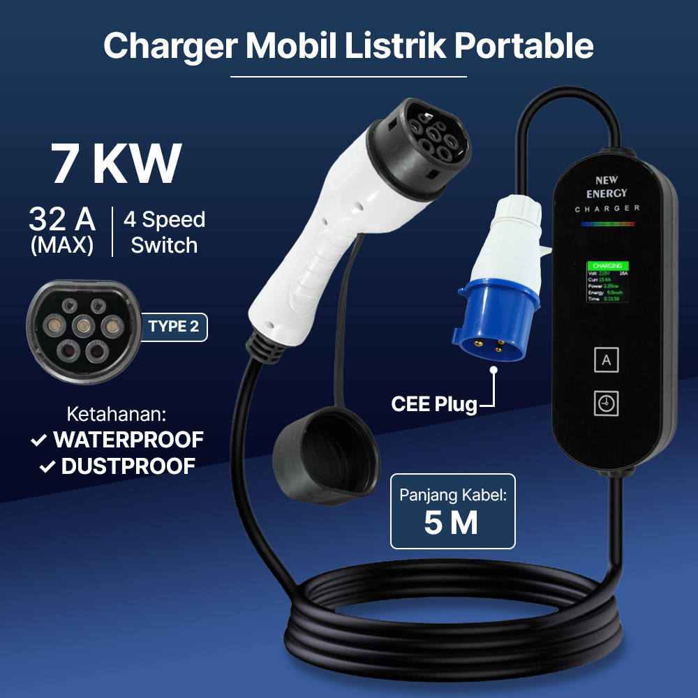 Jual [Bayar di Tempat] Charger Mobil Listrik Portable EV LCD 32A 7kW ...