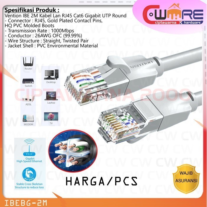 Jual Vention IBEBG 2 M Kabel Lan RJ45 Cat 6 Kabel Bulat Internet ...