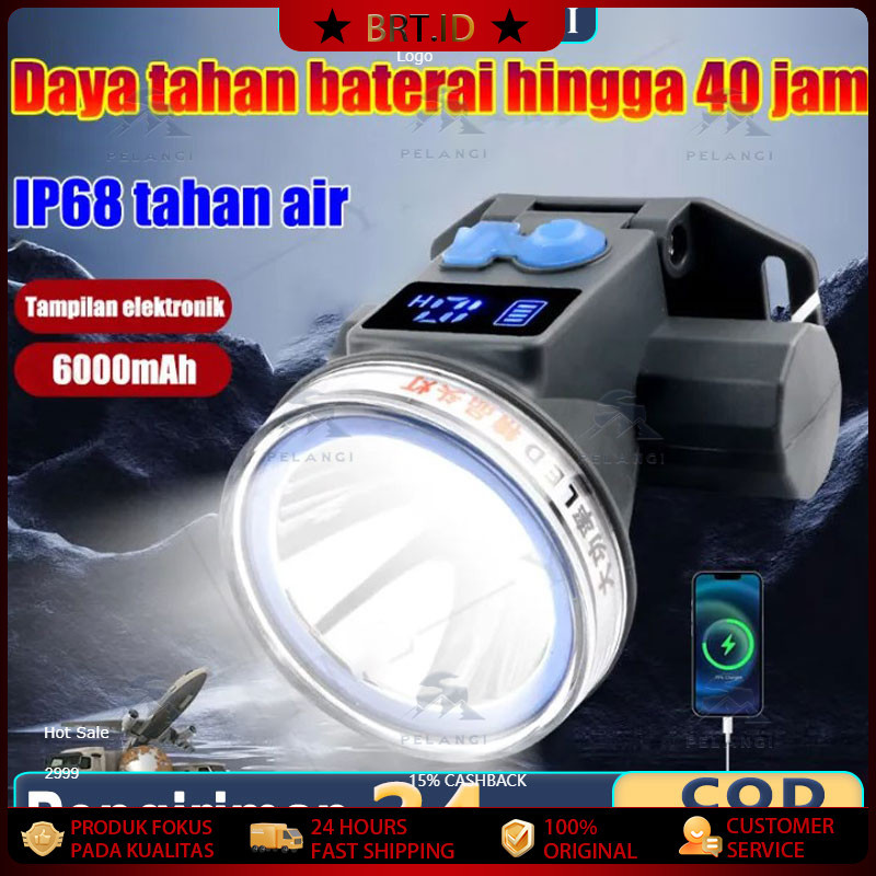 Jual Lampu Depan Selam LED Isi Ulang Layar Daya Senter Kepala 6000mAh Ekstra Panjang 40 Jam ...