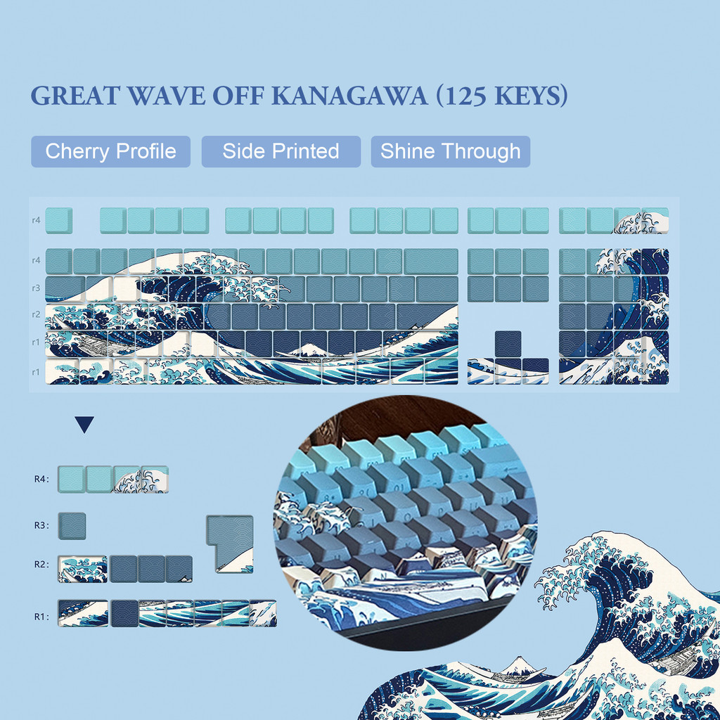 Jual 125 Keys Great Wave Off Kanagawa Dye Sub PBT Keycaps Cherry ...