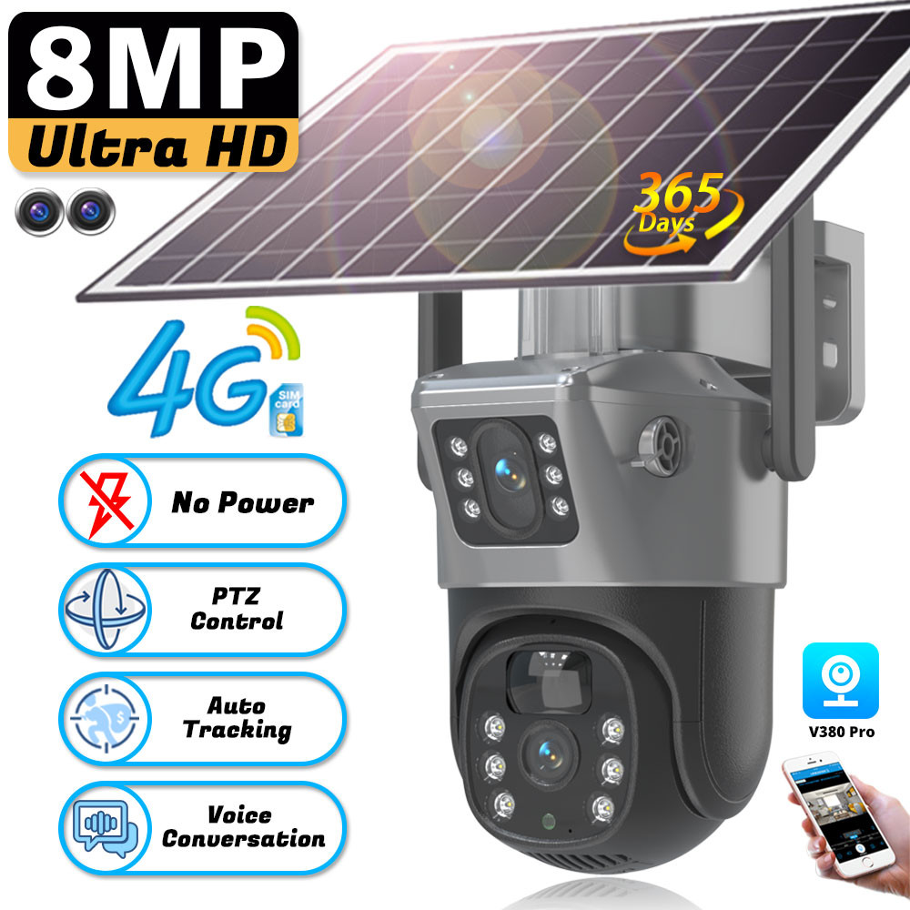 Jual 8MP WIFI Wireless PTZ Solar Camera Dual Lens Dual Screen Outdoor 4G IP Camera Solar Panel ...