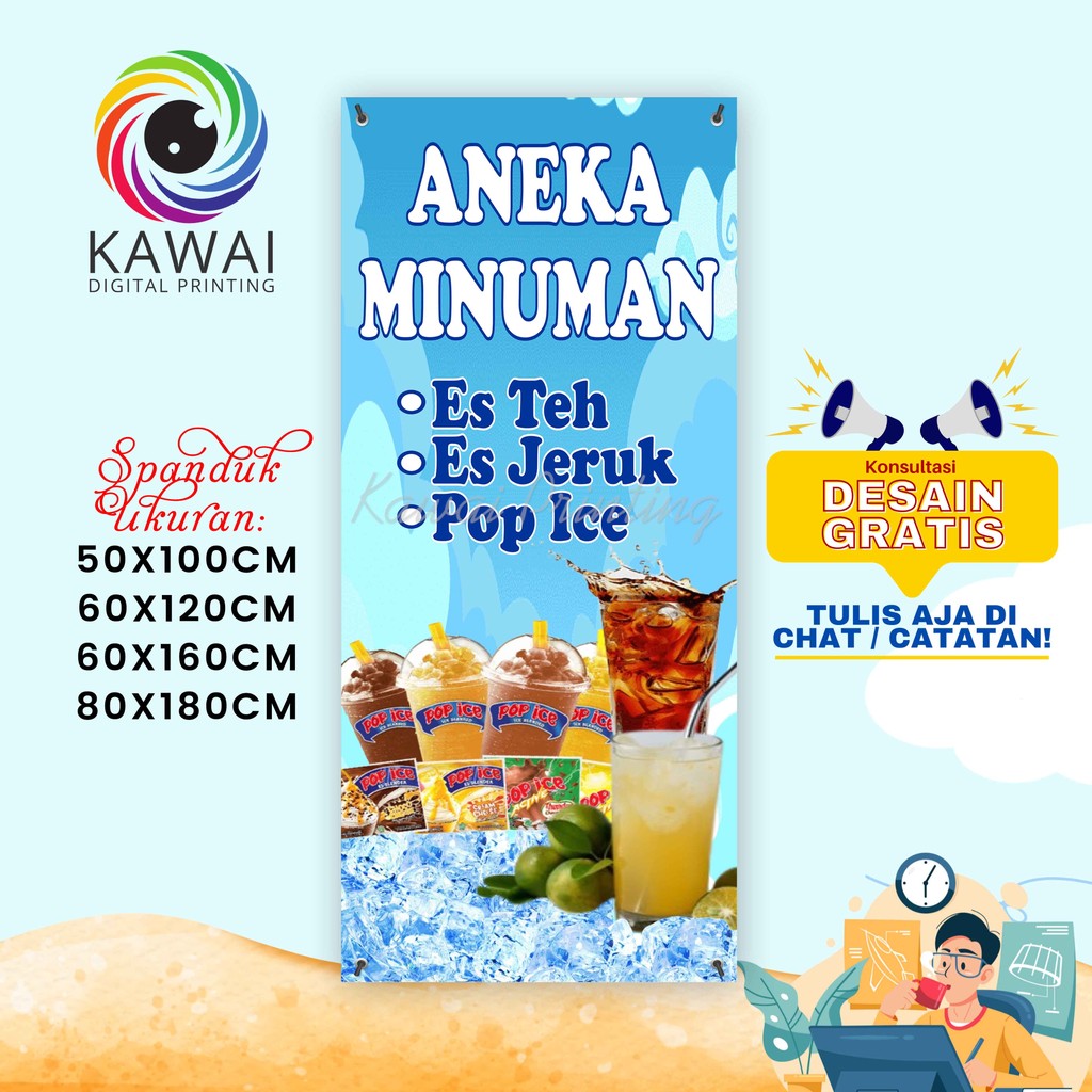 Jual SPANDUK / BANNER Desain Es Teh, Es Jeruk, Pop ice Biru 60x160 CM ...