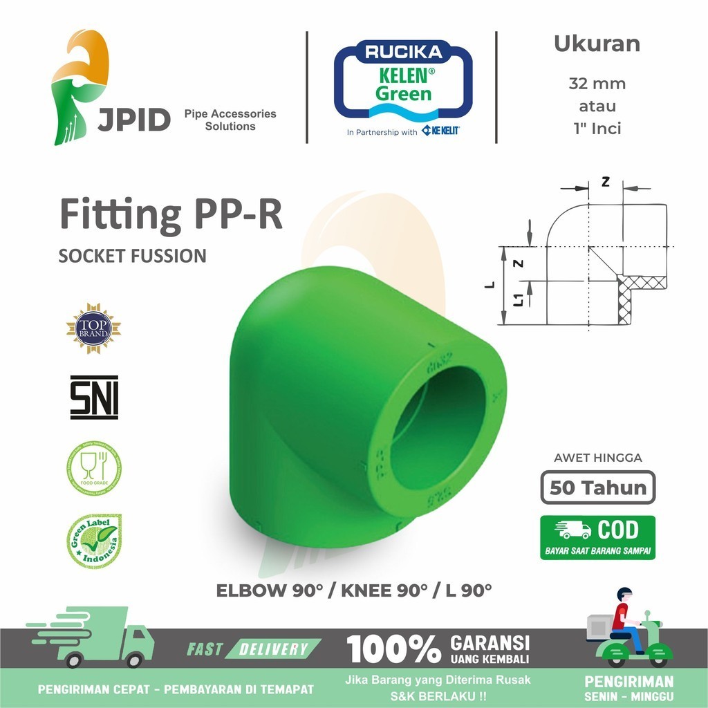 Jual Fitting PPR Elbow 90° 32 mm | Knee 32 mm ~ 1" Inci Rucika Kelen Green | Shopee Indonesia