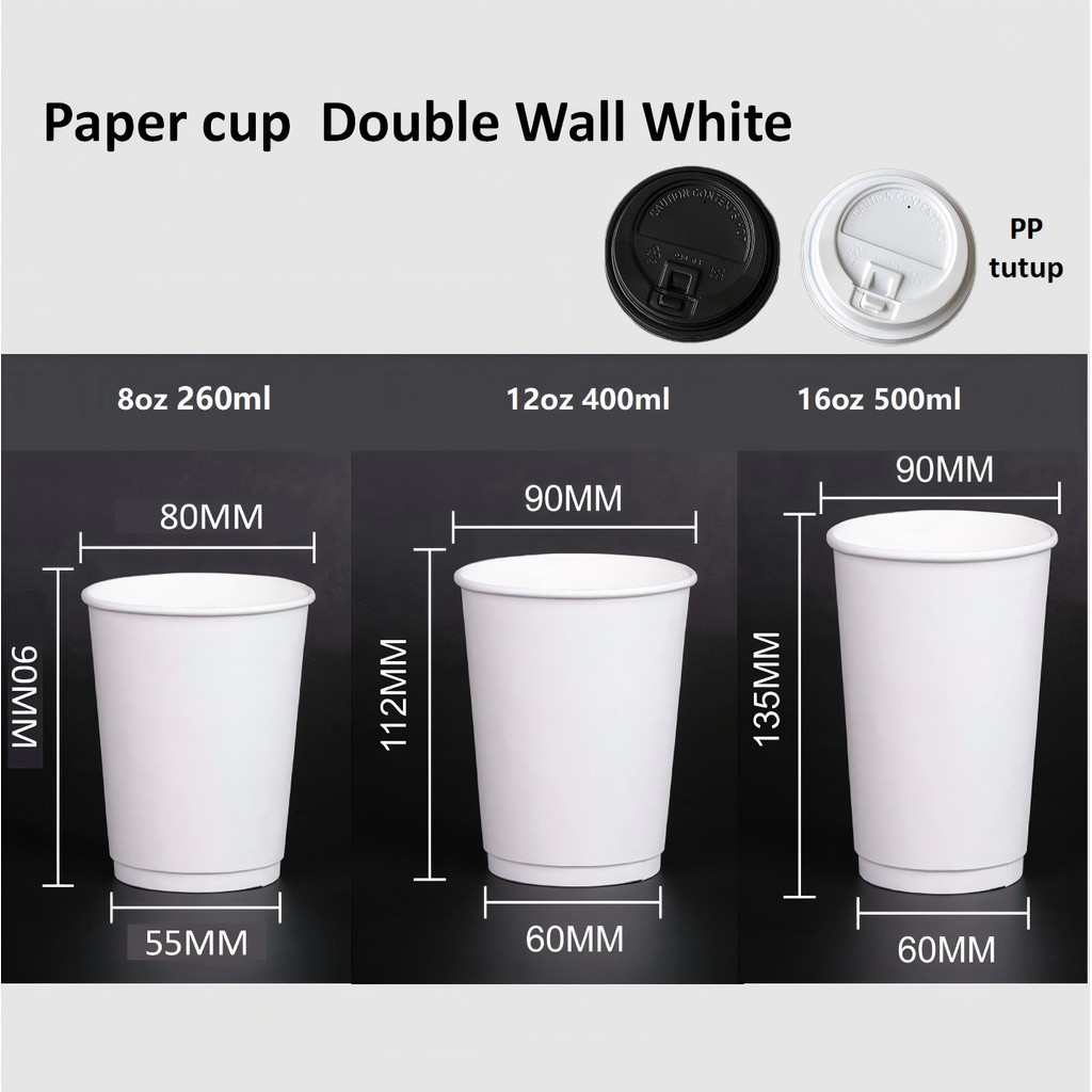 Jual [50PCS]Papercup Double Wall Putih Doff 8oz 12oz 16oz +Tutup / Papercup Murah Gelas Kertas ...