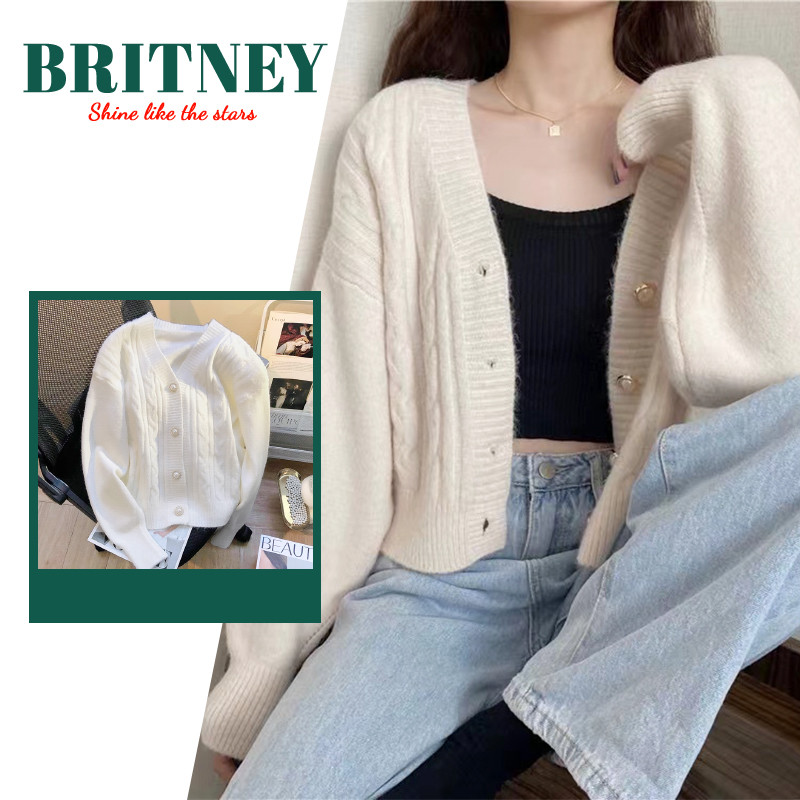 Jual 【Britney】Cardigan sweter rajutan pelangsing warna solid kerah V ...