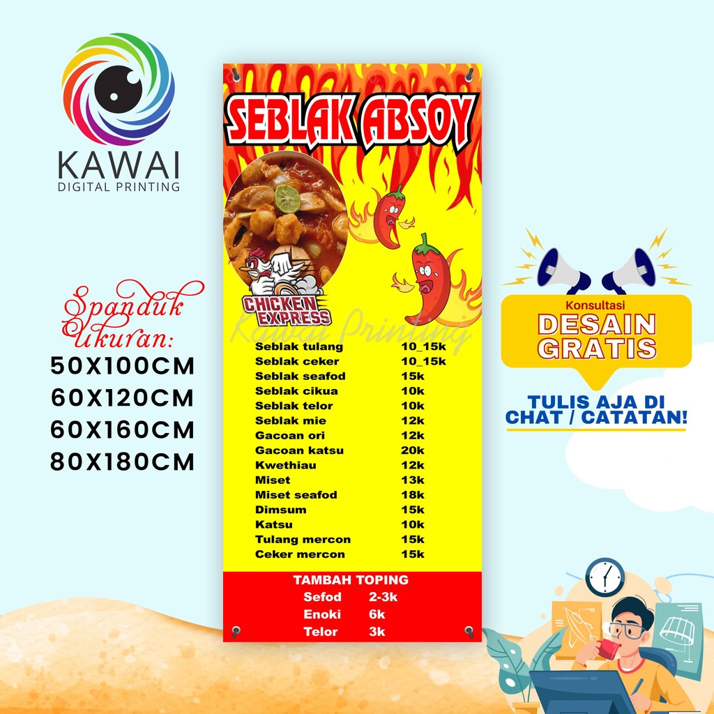 Jual Spanduk Banner MMT Aneka Menu Seblak Desain Kuning Merah Ukuran ...