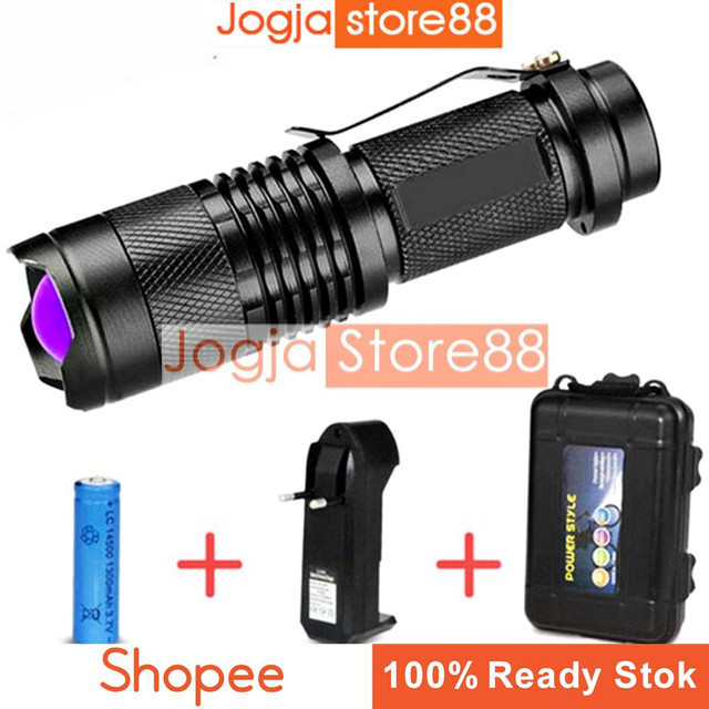 Jual Senter LED 395nm Ultraviolet + Baterai + Charger + Box Pocketman ...