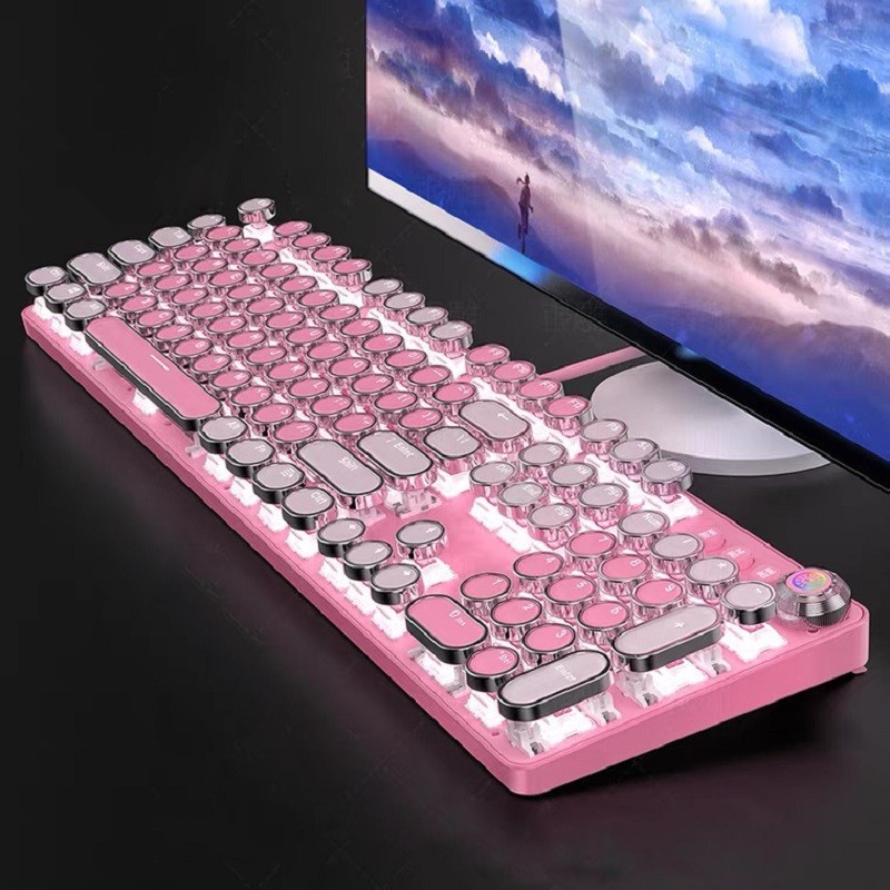 Jual Pink Keboard 104 Keys Layout LED White Backlit Round Keycaps Green ...