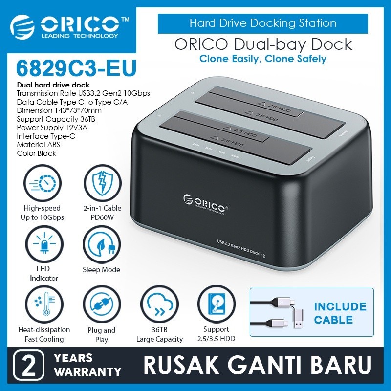 Jual ORICO 2.5"/3.5" SATA HDD/SSD Dual-bay Dock - 6829C3 | Shopee Indonesia