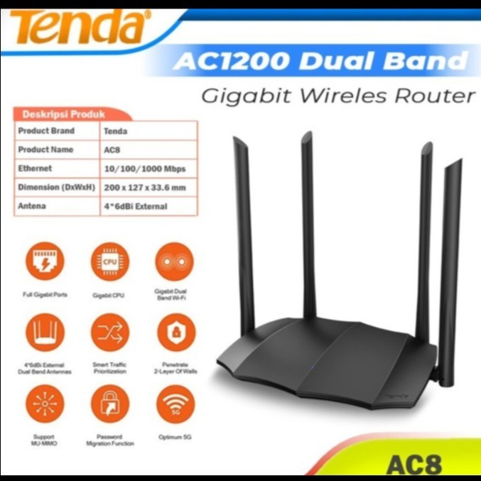Jual Tenda AC8 AC1200 IPv6 Dual-Band Gigabit Wireless Router Wifi | Shopee Indonesia