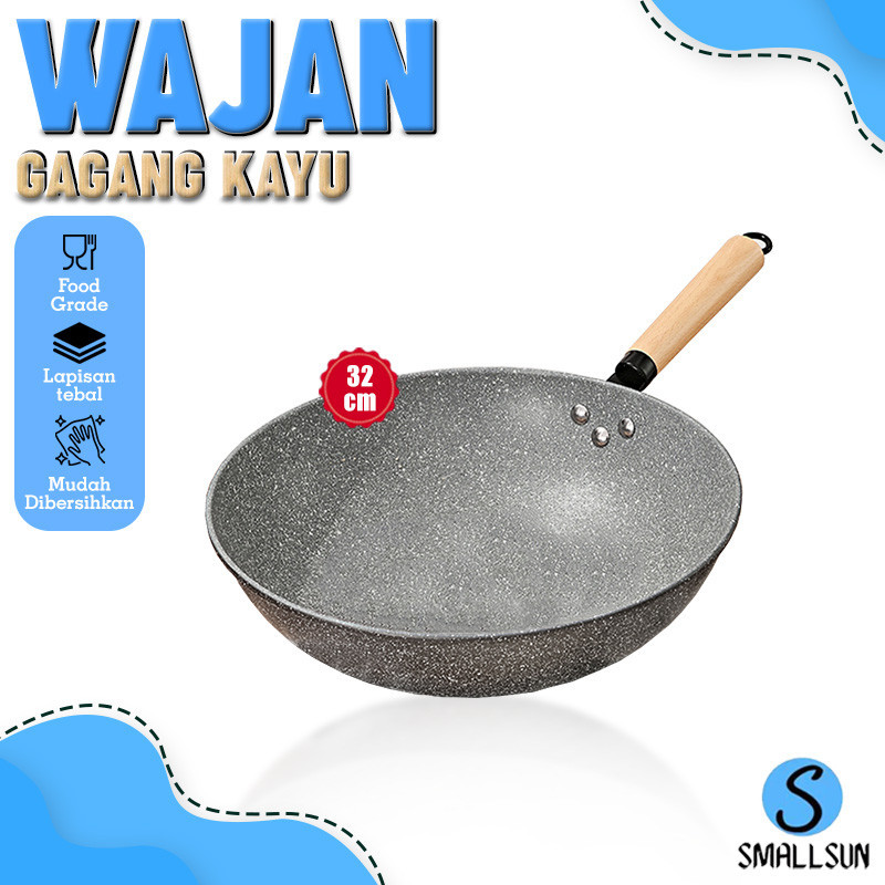 Jual (SS) Wajan Penggorengan Batu Medis Gagang Kayu Anti Lengket 32cm ...
