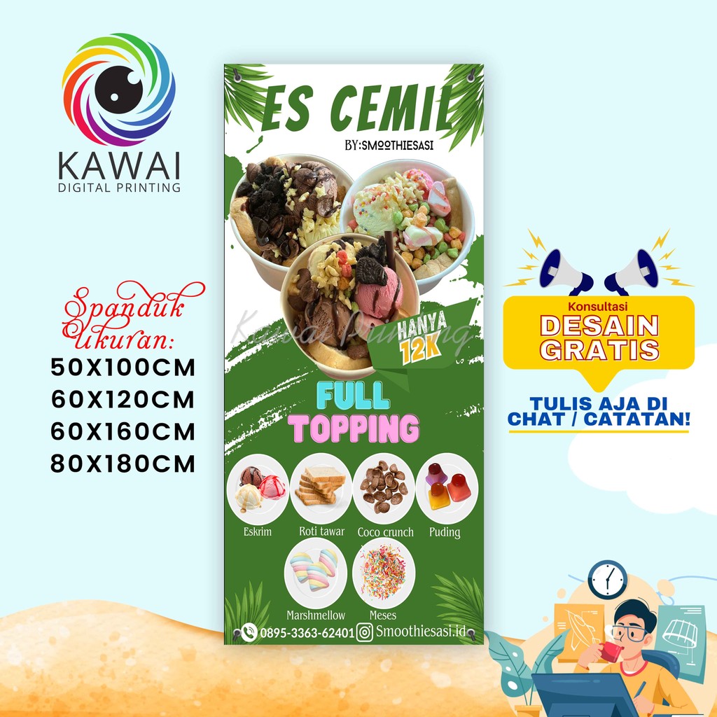 Jual Spanduk Banner MMT Es Cemil Hijau Full Toping Ukuran 60x160 ...