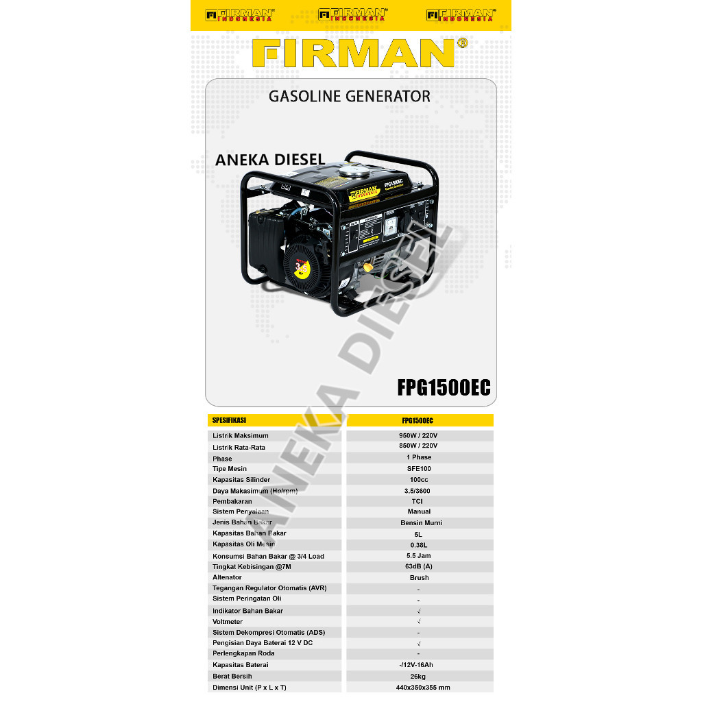 Jual Mesin Genset 950W FIRMAN FPG 1500ECII Gasoline Generator 950W FPG ...