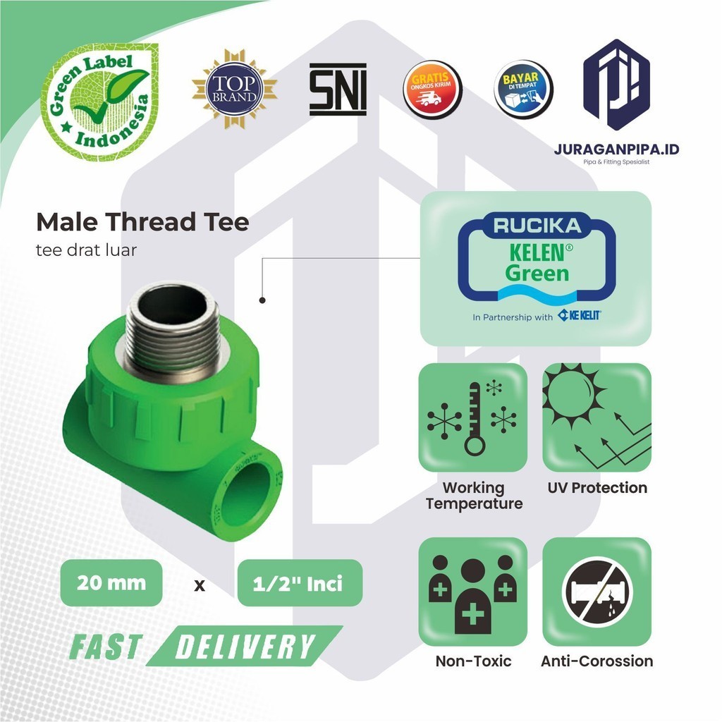 Jual Male Thread Tee PPR 20 mm x 1/2" Inch | TDL/Tee Drat Luar 20 x 1/2" Rucika Kelen Green ...
