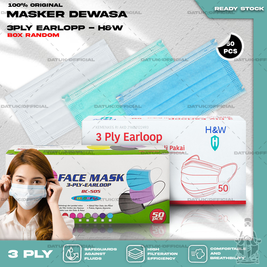 Jual Masker Medis 3Ply H&W isi 50Pcs Warna Biru Hitam Hijau Abu Putih 3 ...