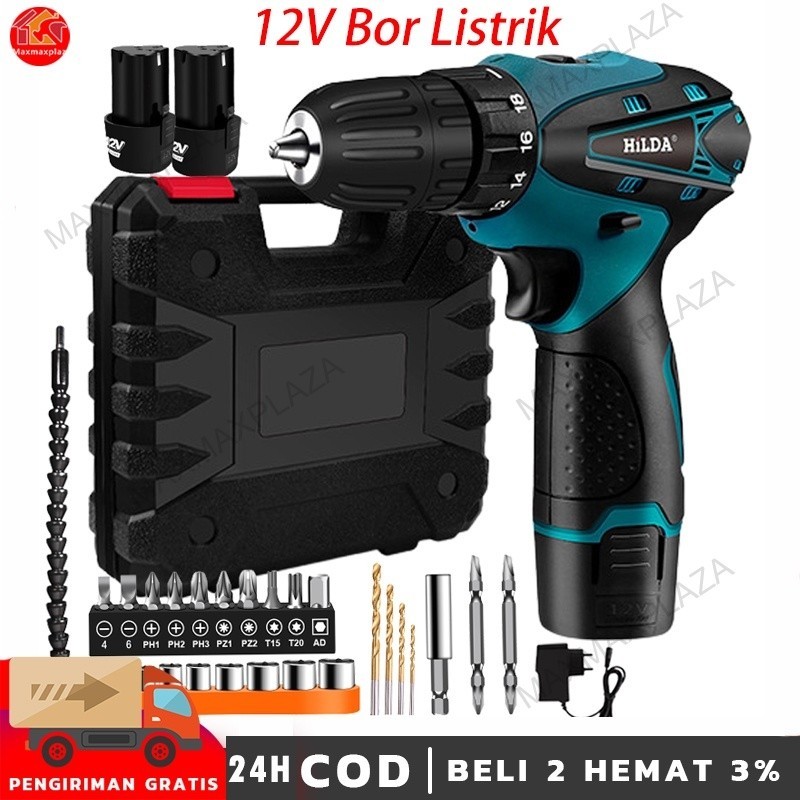 Jual Cordless Drill 12V Bor Listrik Bor Tanpa kabel Set Lengkap Mata ...