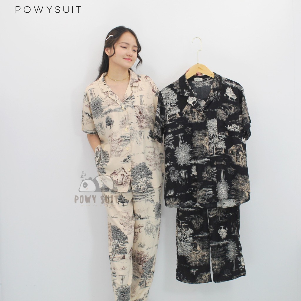 Jual Powysuit Piyama Rayon Wanita Motif Lengan Pendek dan Setelan Celana Panjang One set Baju ...