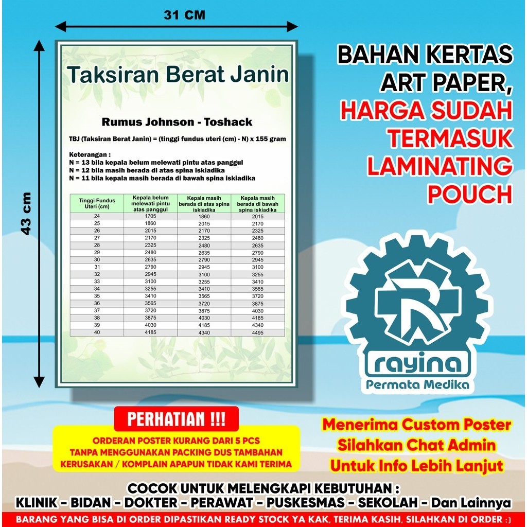 Jual Poster Taksiran Berat Janin Rumus Johnson Toshack | Shopee Indonesia