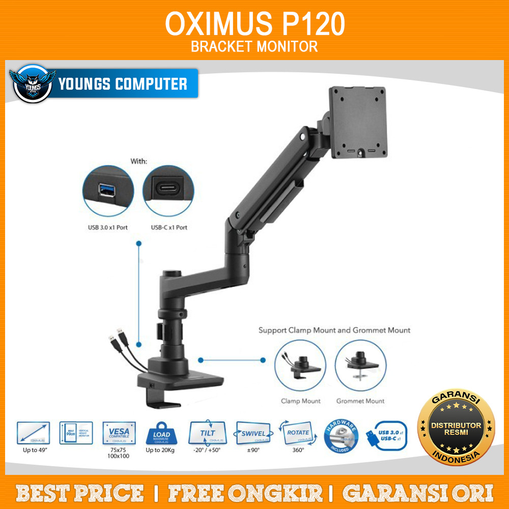 Jual OXIMUS P120 Heavy Duty Gas Spring Monitor Arm upto 49" / 20Kg USB ...