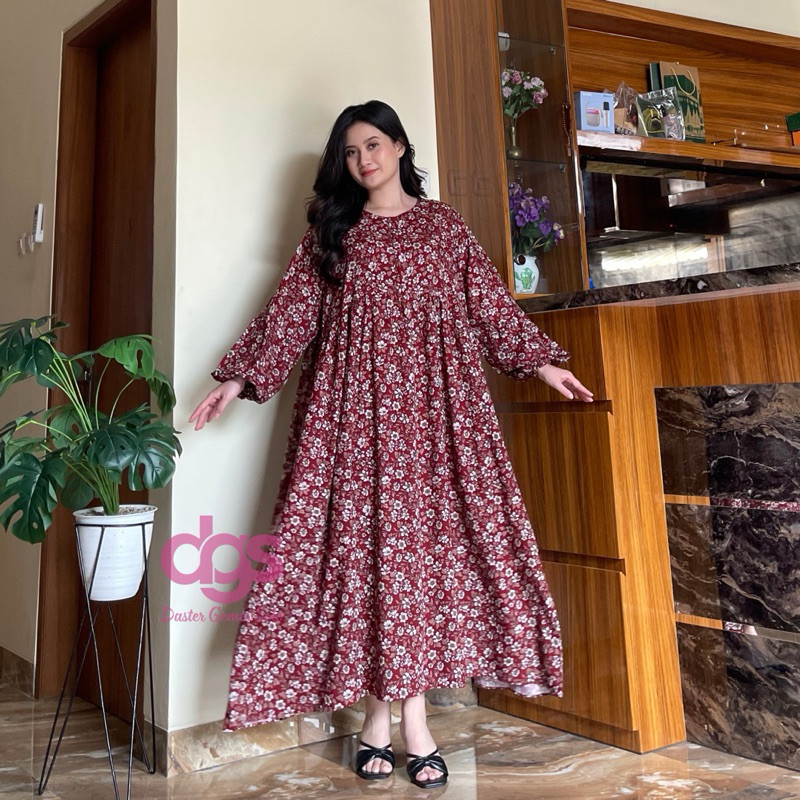 Jual Midi Dress Kanaya Jumbo Motif Bunga Lengan Balon Rayon Viscose ...